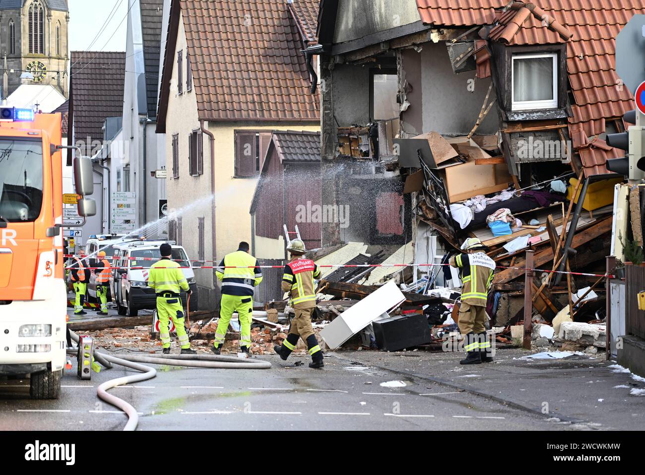 Stuttgart, Germany. 17th Jan, 2024. Debris lies in front of a ...