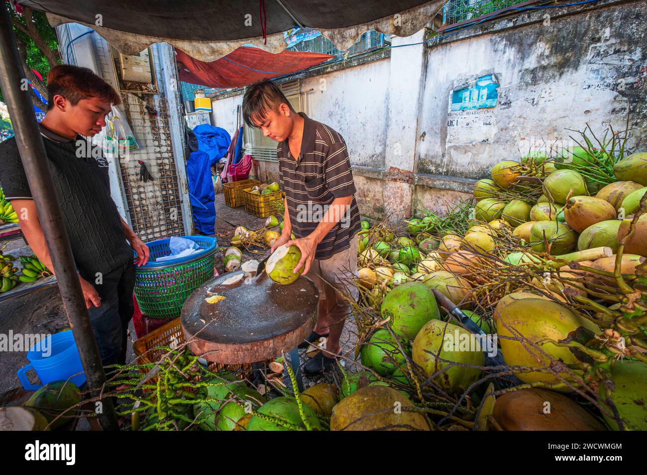 Vietnam, Ho Chi Minh City (Saigon), coconut seller in Cholon district ...