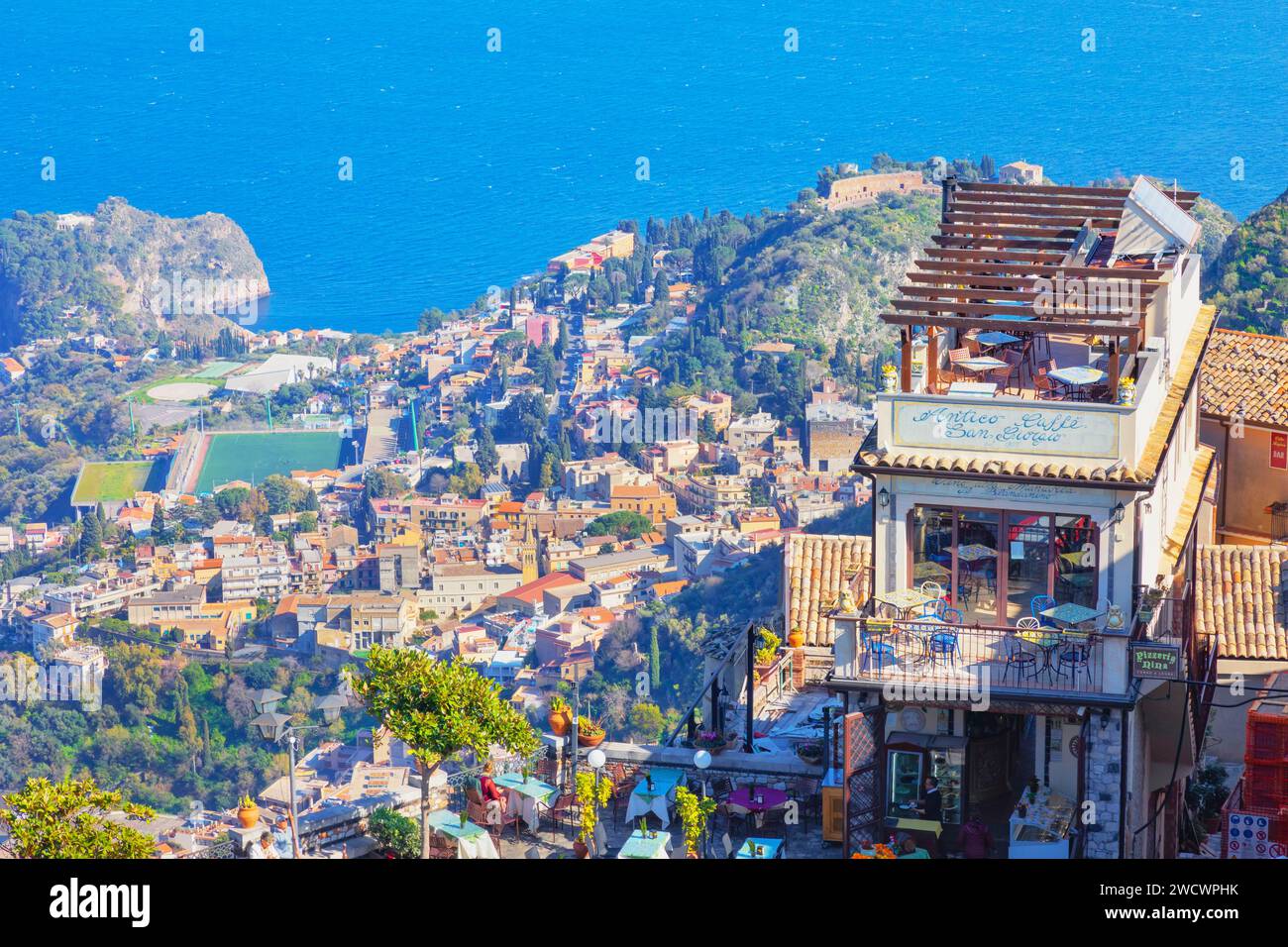 Italy, Sicily, Taormina, View of Taormina and the Ionian coast from the ...