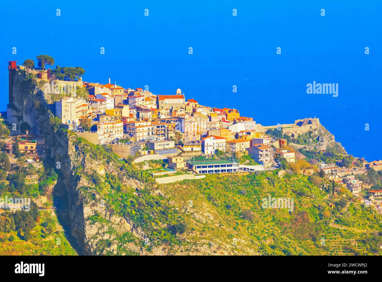 Italy, Sicily, Taormina, Village of Castelmola, overhead view Stock ...