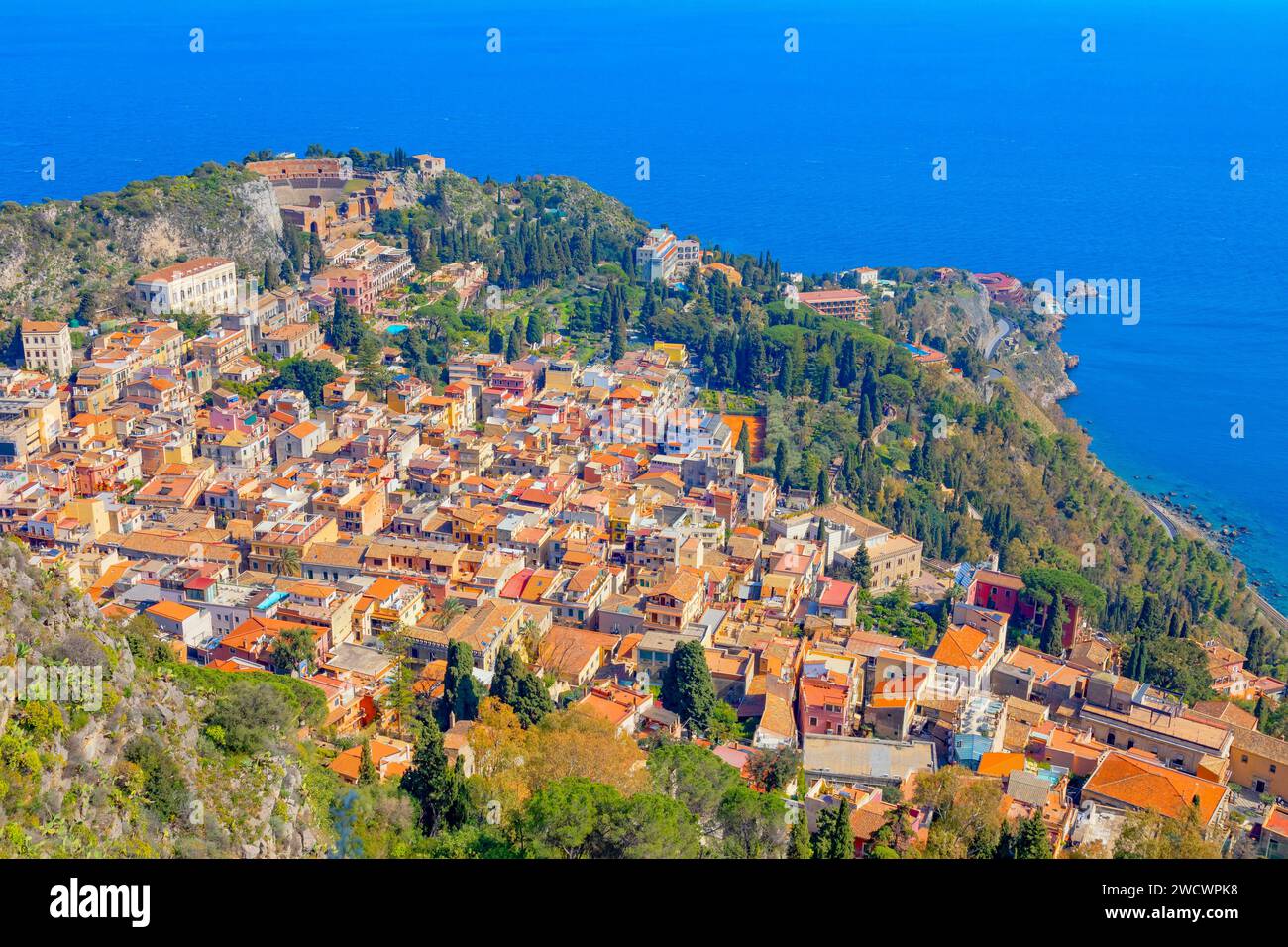 Italy, Sicily, Taormina, Town of Taormina, overhead view Stock Photo ...