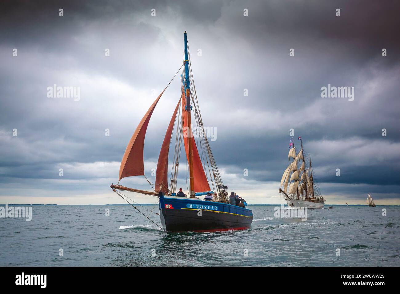 France, Morbihan, Gulf of Morbihan, Dalh-Mad, sloop barge with horn ...