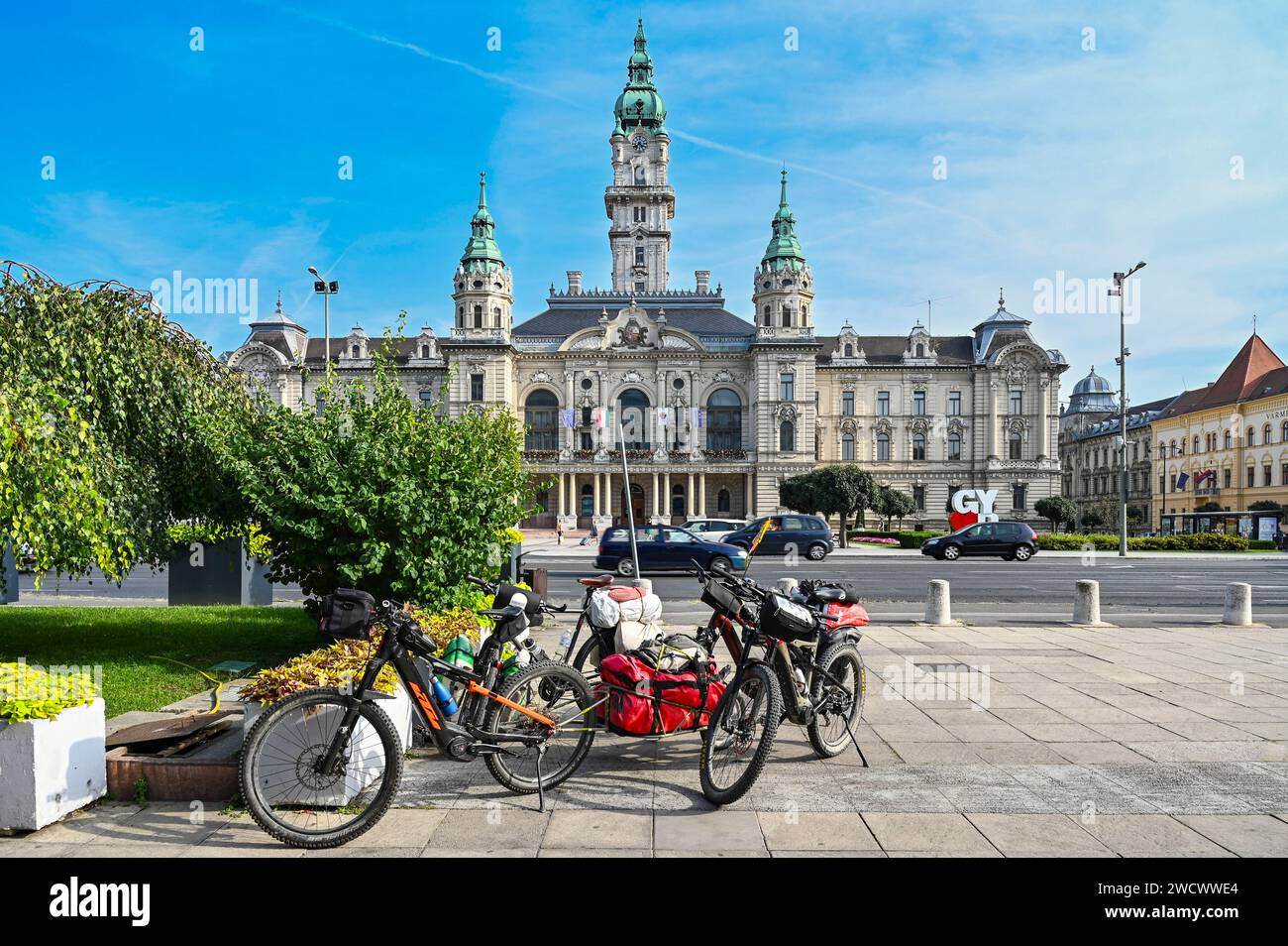 Hungary, Euro Velo 6,, Gyor, itinerant cycles in front of the town hall ...