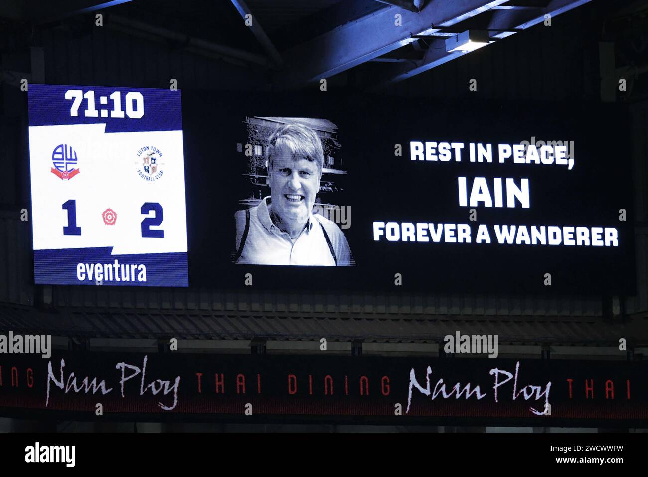 Bolton, UK. 16th Jan, 2024. Tribute to Iain Purslow on the scoreboard ...