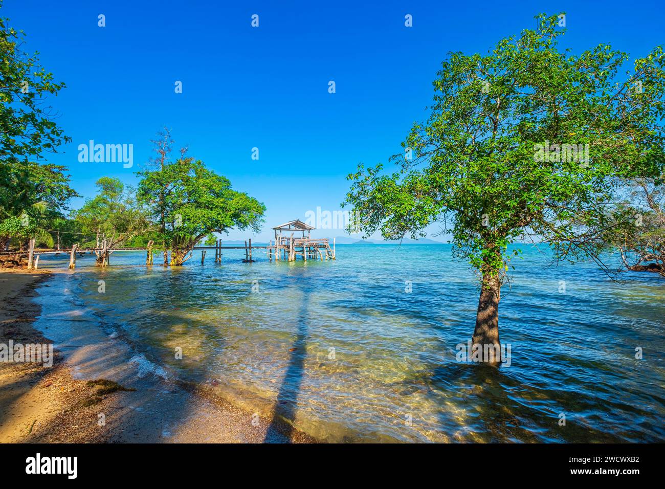 Thailand, Trat province, Ko Mak island, Ao Taan bay, boardwalk of the ...