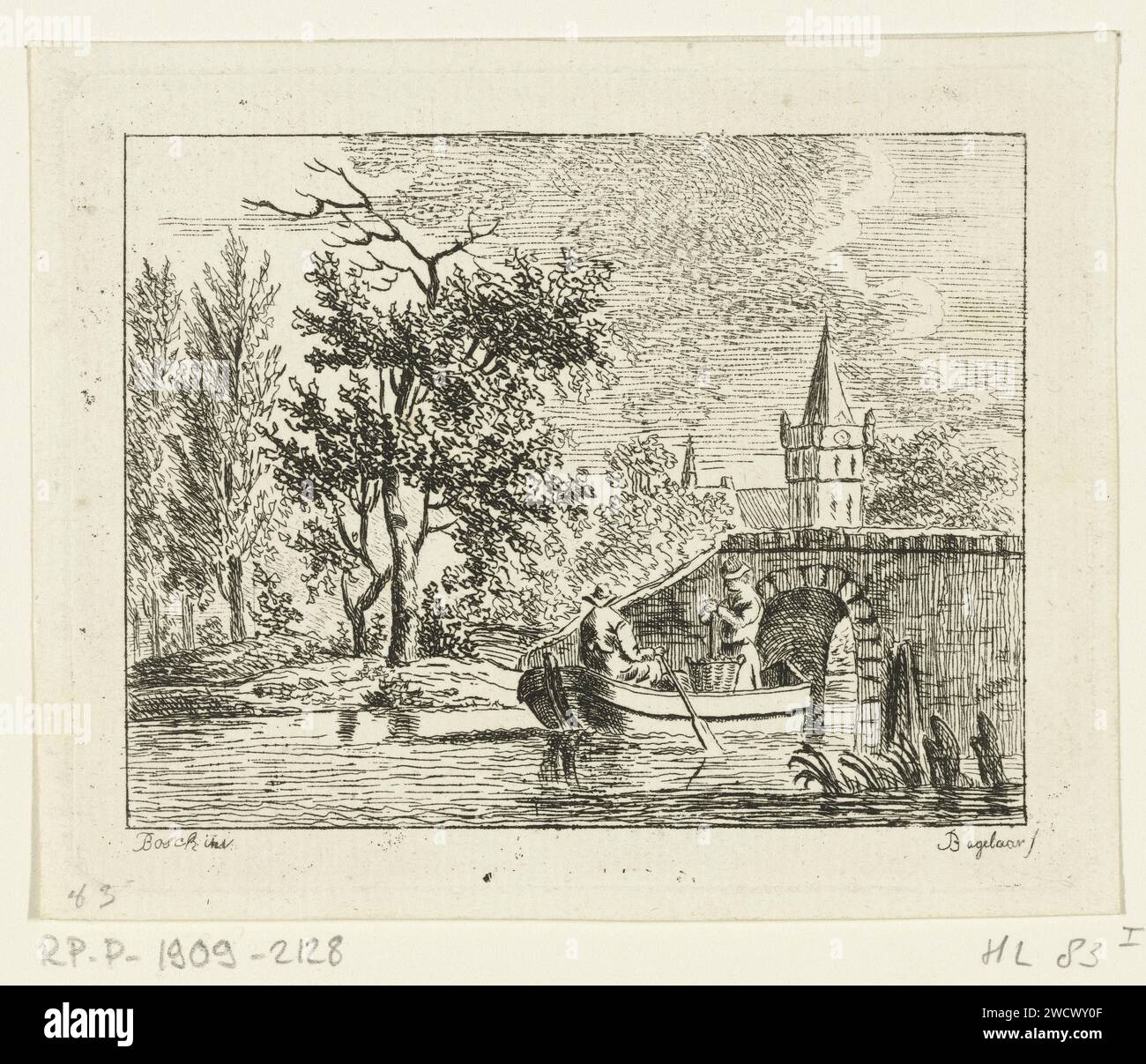 Two men in a rowing boat just behind a stone bridge, Ernst Willem Jan ...
