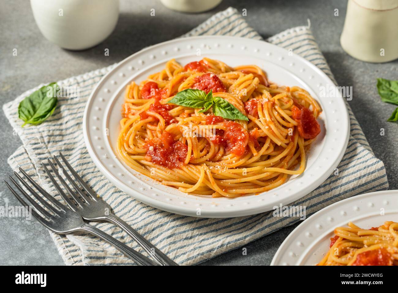 Italian Spaghetti al Pomodoro Pasta with Tomato and Basil Stock Photo ...