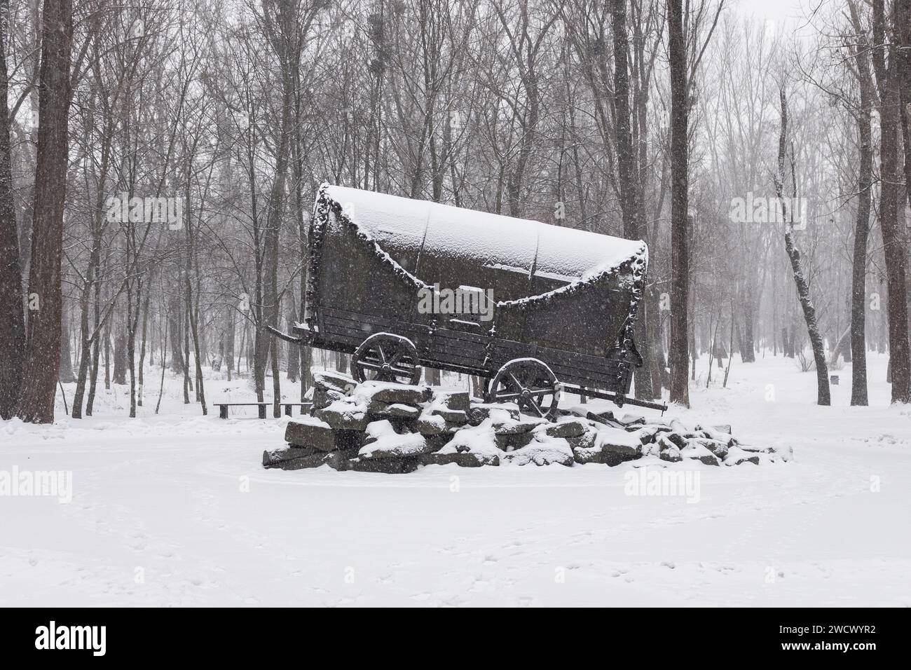 Monument of gypsies holocaust in Babi Yar, Kyiv, Ukraine. Gypsy wagon ...