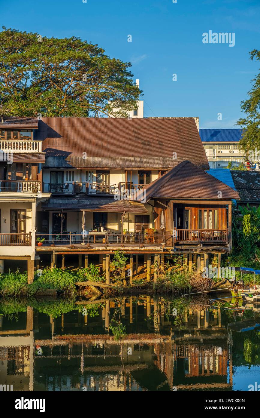 Thailand, Chanthaburi, Chanthaboon Waterfront Community lined with ...