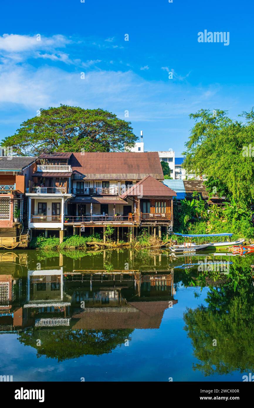 Thailand, Chanthaburi, Chanthaboon Waterfront Community lined with ...