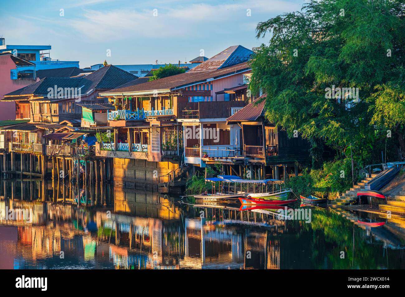 Thailand, Chanthaburi, Chanthaboon Waterfront Community lined with ...