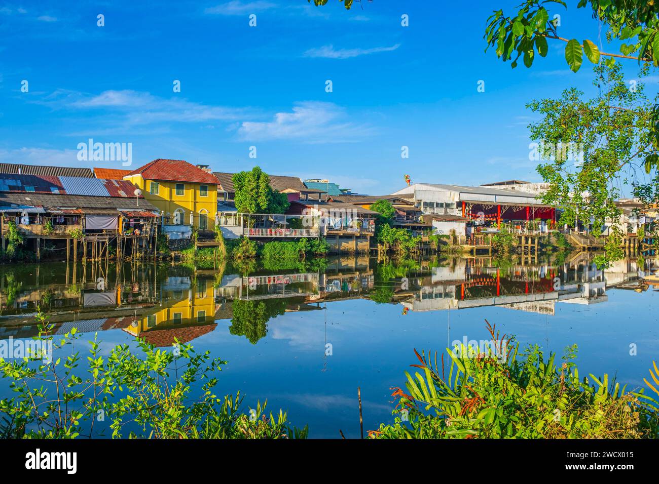 Thailand, Chanthaburi, Chanthaboon Waterfront Community lined with ...