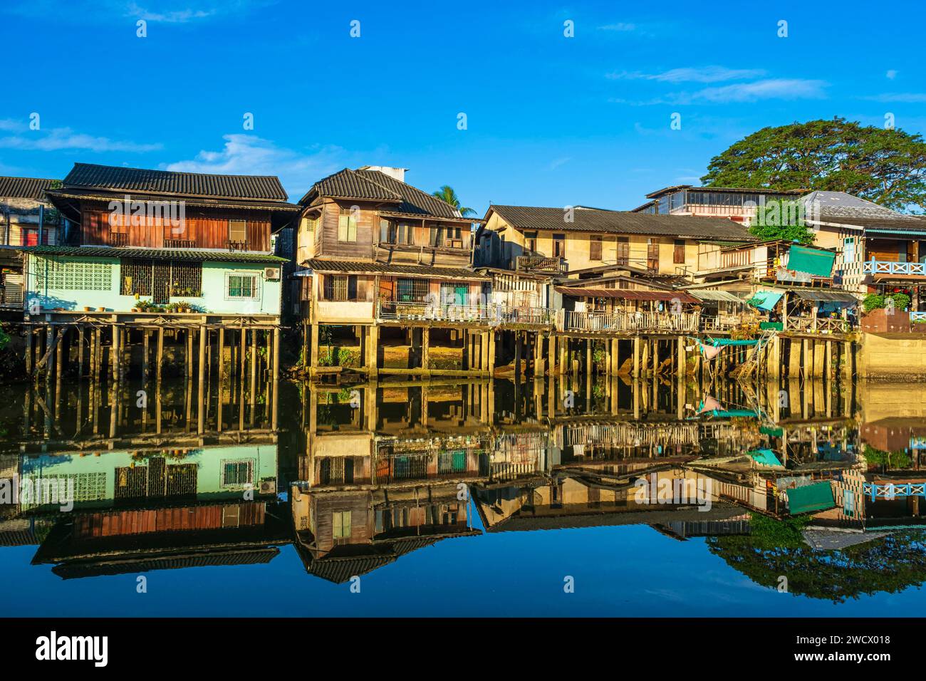 Thailand, Chanthaburi, Chanthaboon Waterfront Community lined with ...