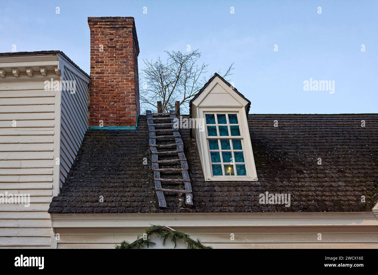wooden shingle roof, crooked dormer window, rustic ladder, brick ...