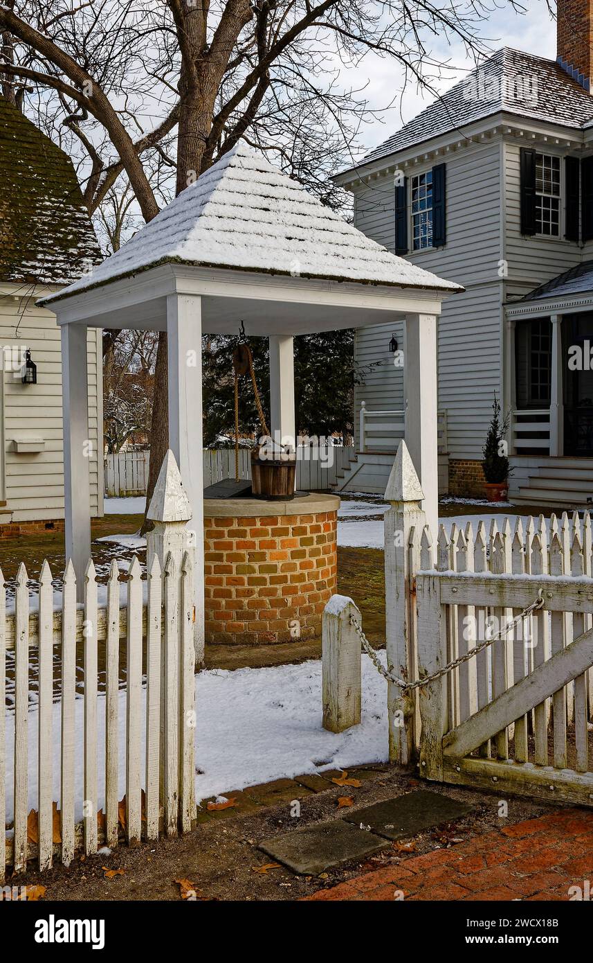 brick well, wood bucket, roof, picket fence, gate, ball and chain ...