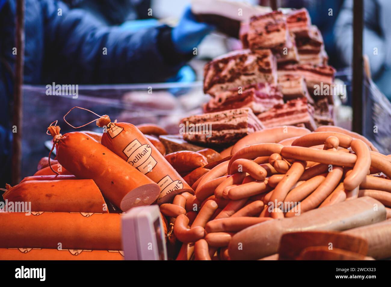 Assortment of various meat, smoked sausages, lard, bacon and salami in ...
