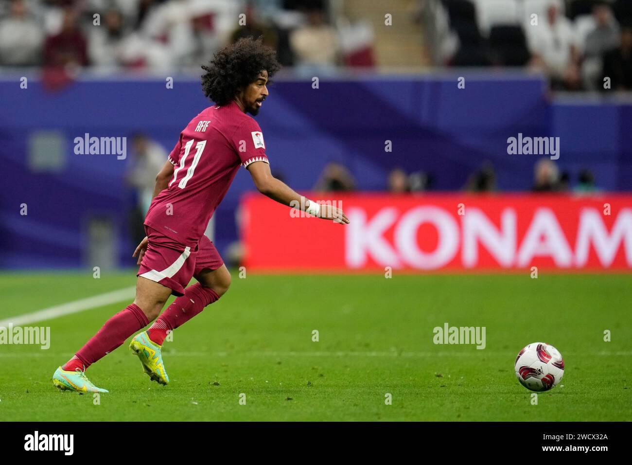 Qatar's Akram Afif controls the ball during the Asian Cup Group A ...