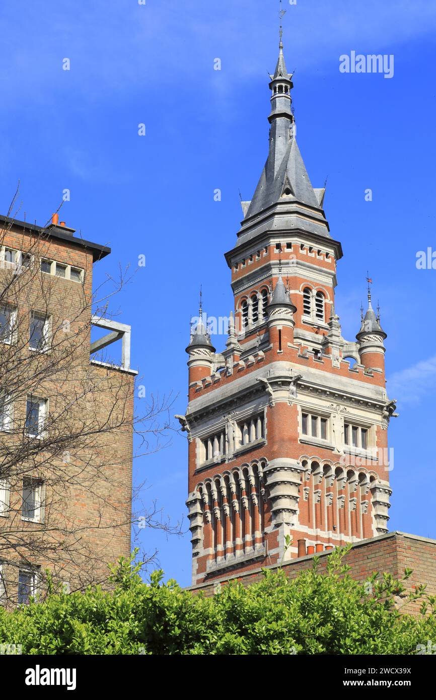 France, Nord, Dunkirk, Town Hall, its late 19th century belfry listed ...