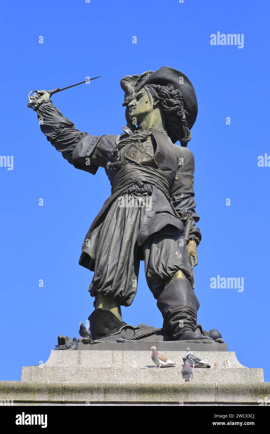 France, Nord, Dunkirk, Place Jean Bart, statue of the privateer Jean ...