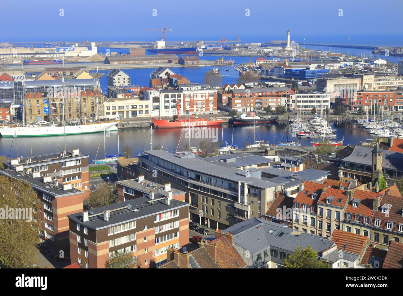 France, Nord, Dunkirk, view from the Saint-Éloi Belfry of the marina ...