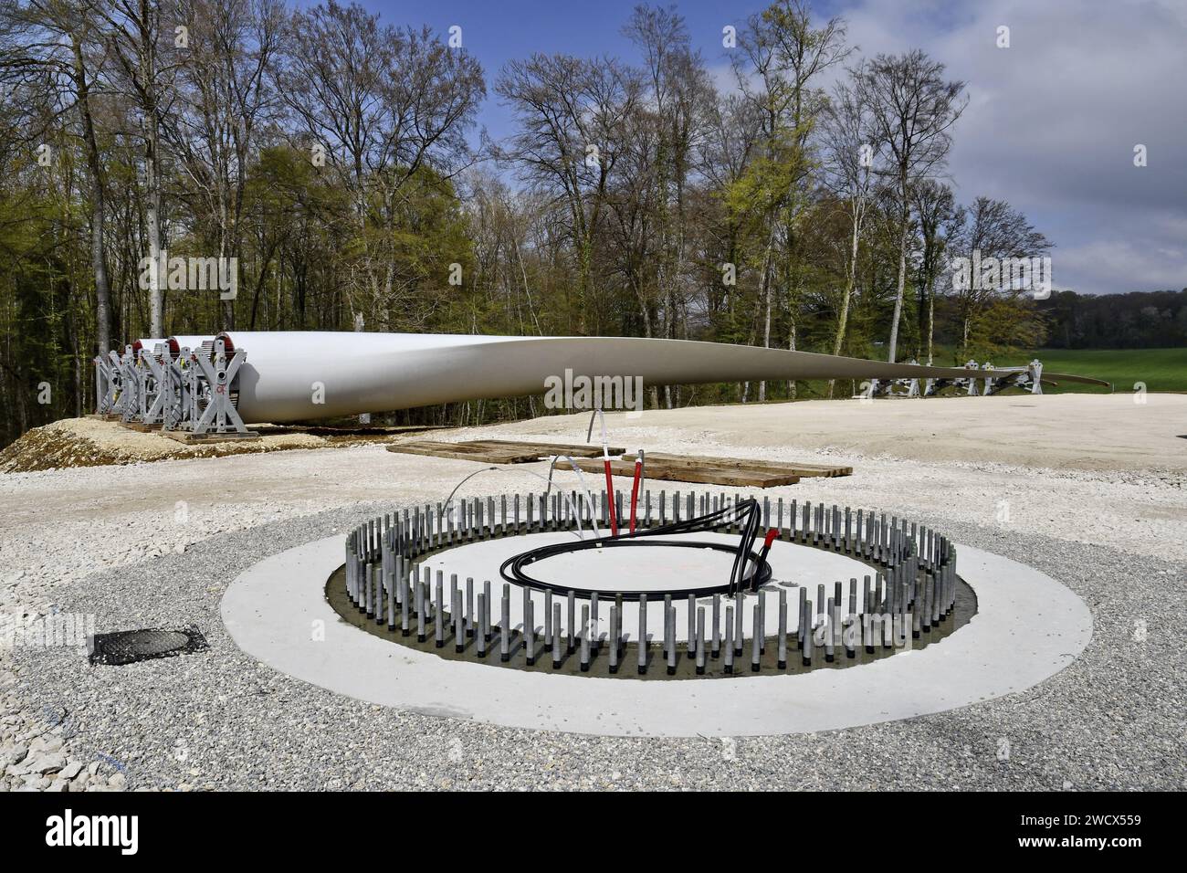 France, Doubs, Etouvans, three cantons wind farm, wind turbine assembly ...