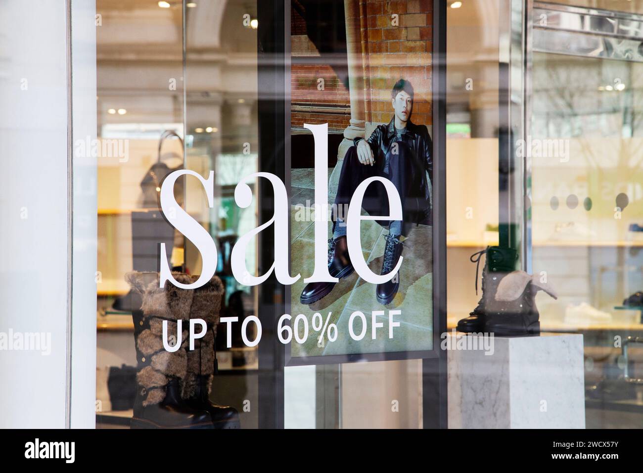 Russell & Bromley shop front in January with embossed sale sign for up ...