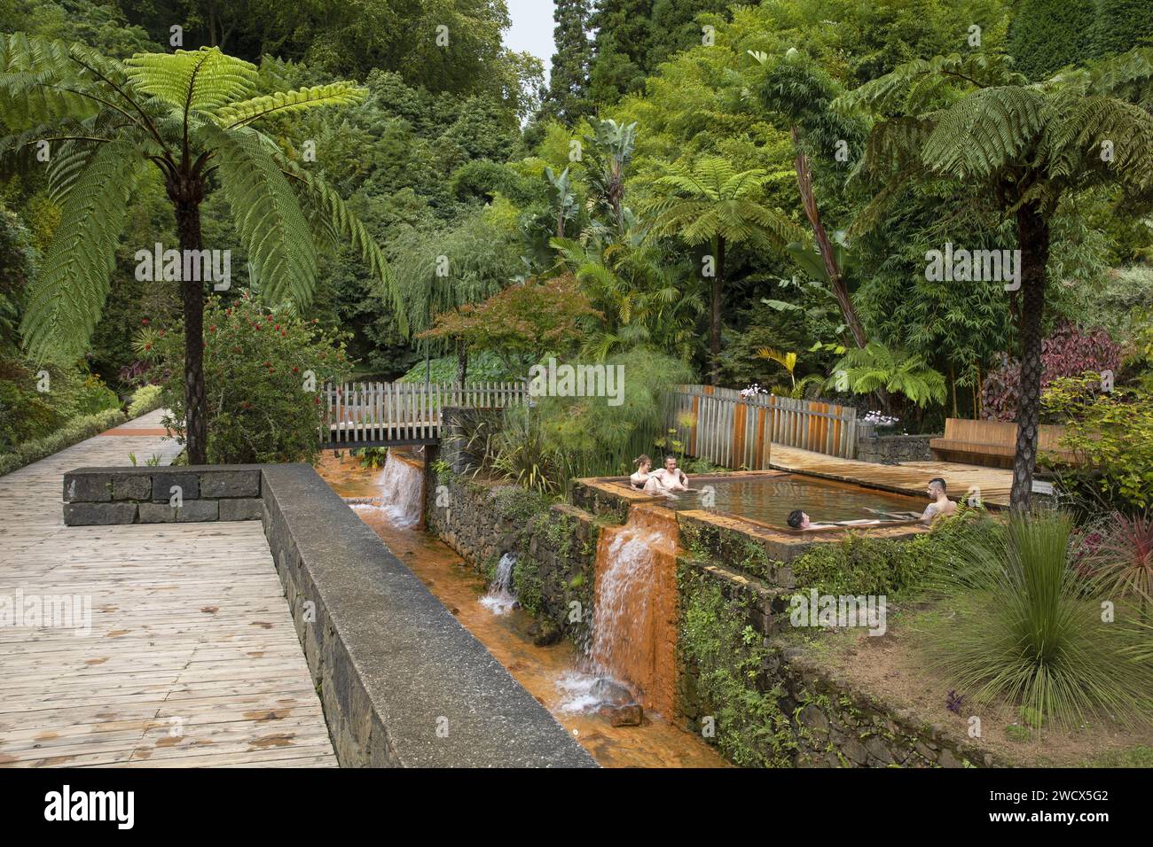 Portugal, Azores archipelago, Sao Miguel island, Furnas, people bathing ...