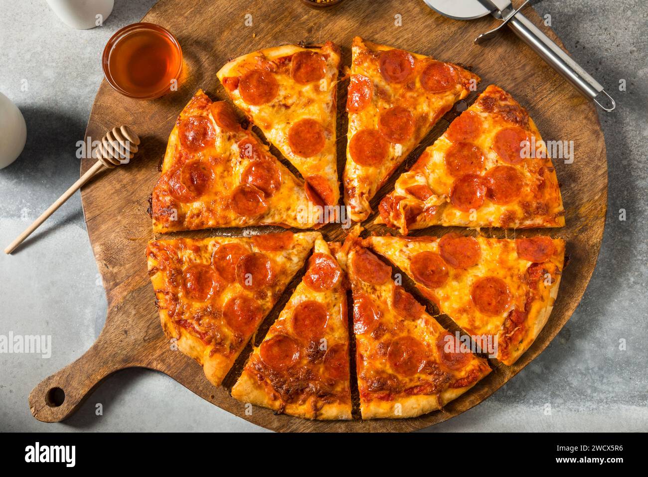 Homemade Spicy Hot Honey Pepperoni Pizza with Cheese and Sauce Stock ...