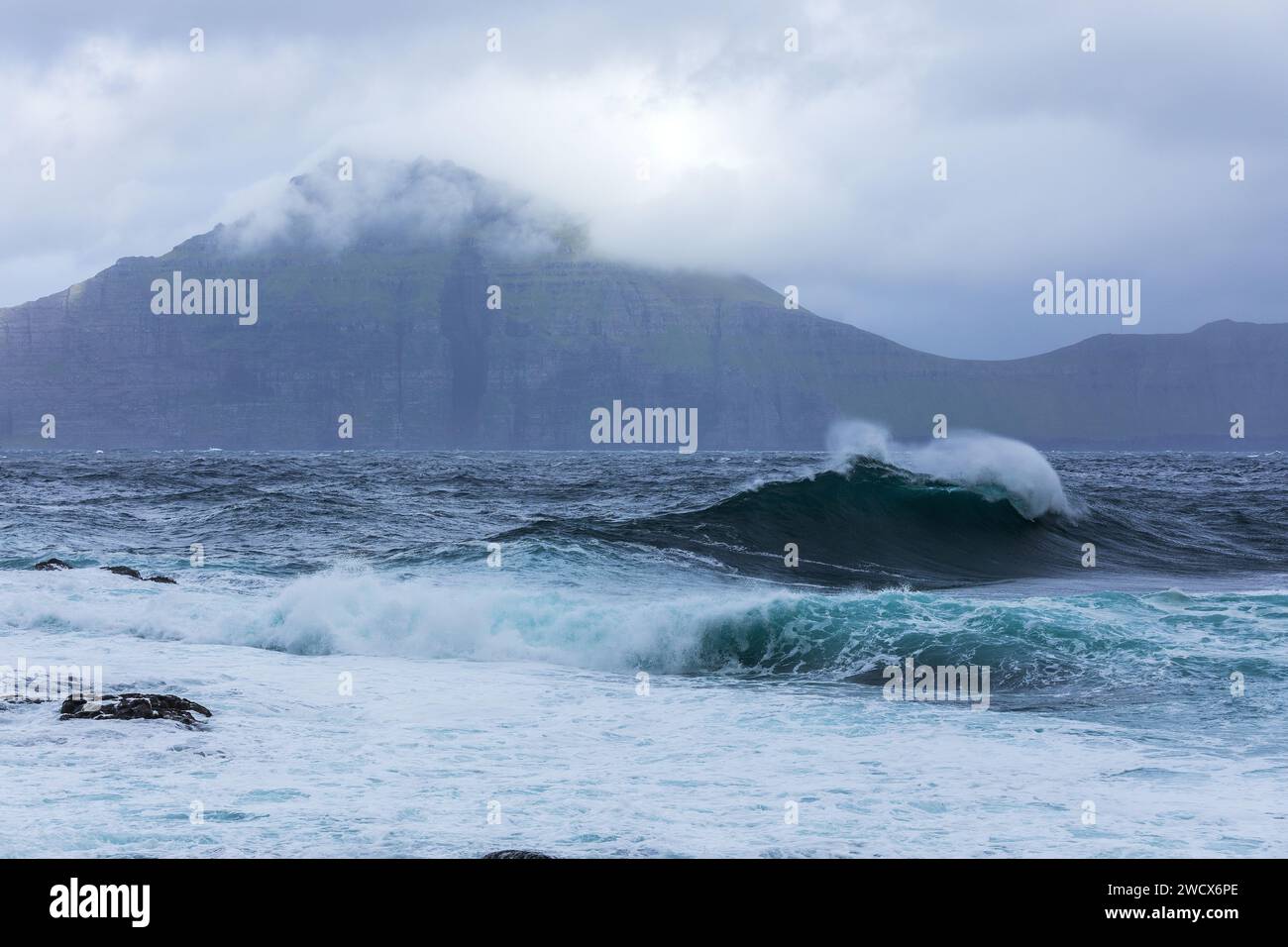 Denmark, Faroe Islands, Eysturoy island, Gjov, raging sea, wave, in the ...
