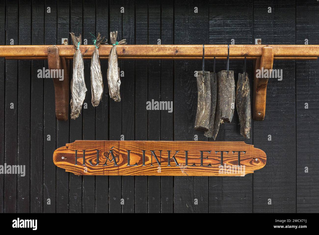 Denmark, Faroe Islands, Streymoy island, Kvivik, dried fish and lamb ...