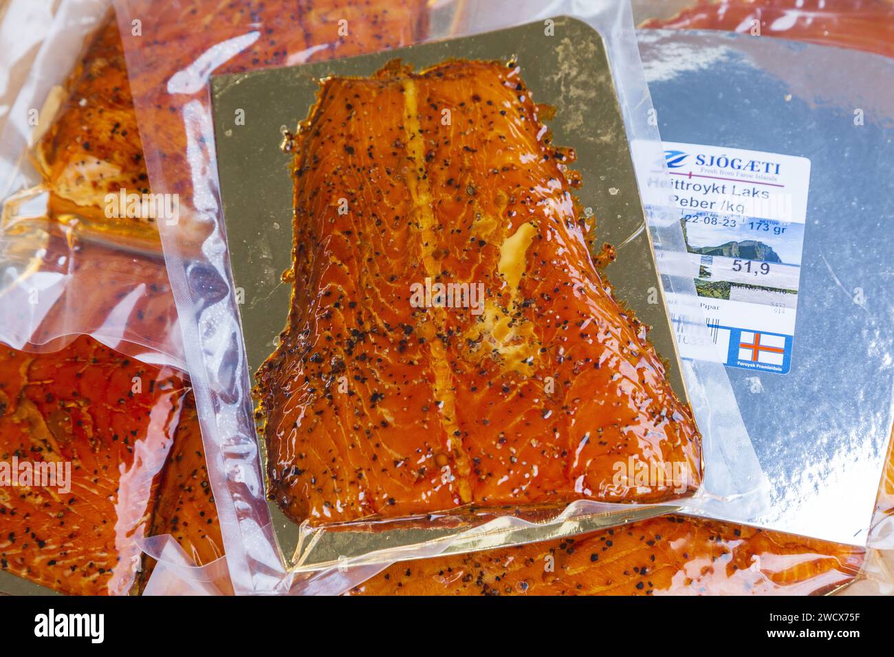 Denmark, Faroe Islands, Streymoy island, Torshavn, port, sale of salmon ...