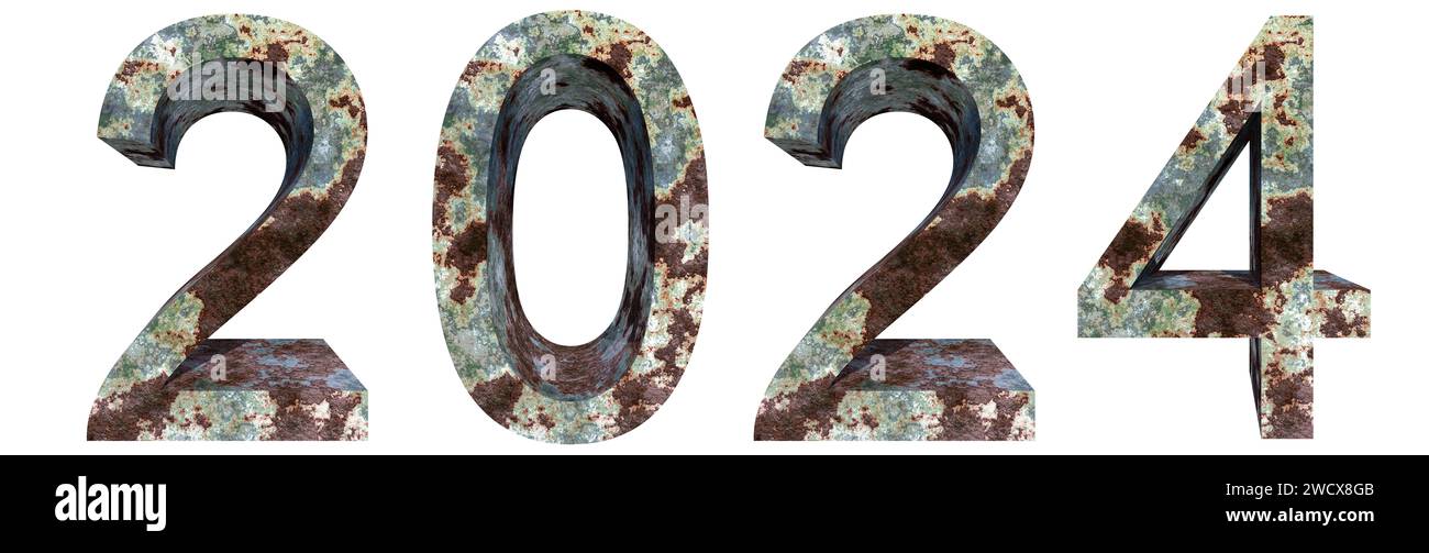 Conceptual 2024 year made of old, rusted metal isolated on white ...