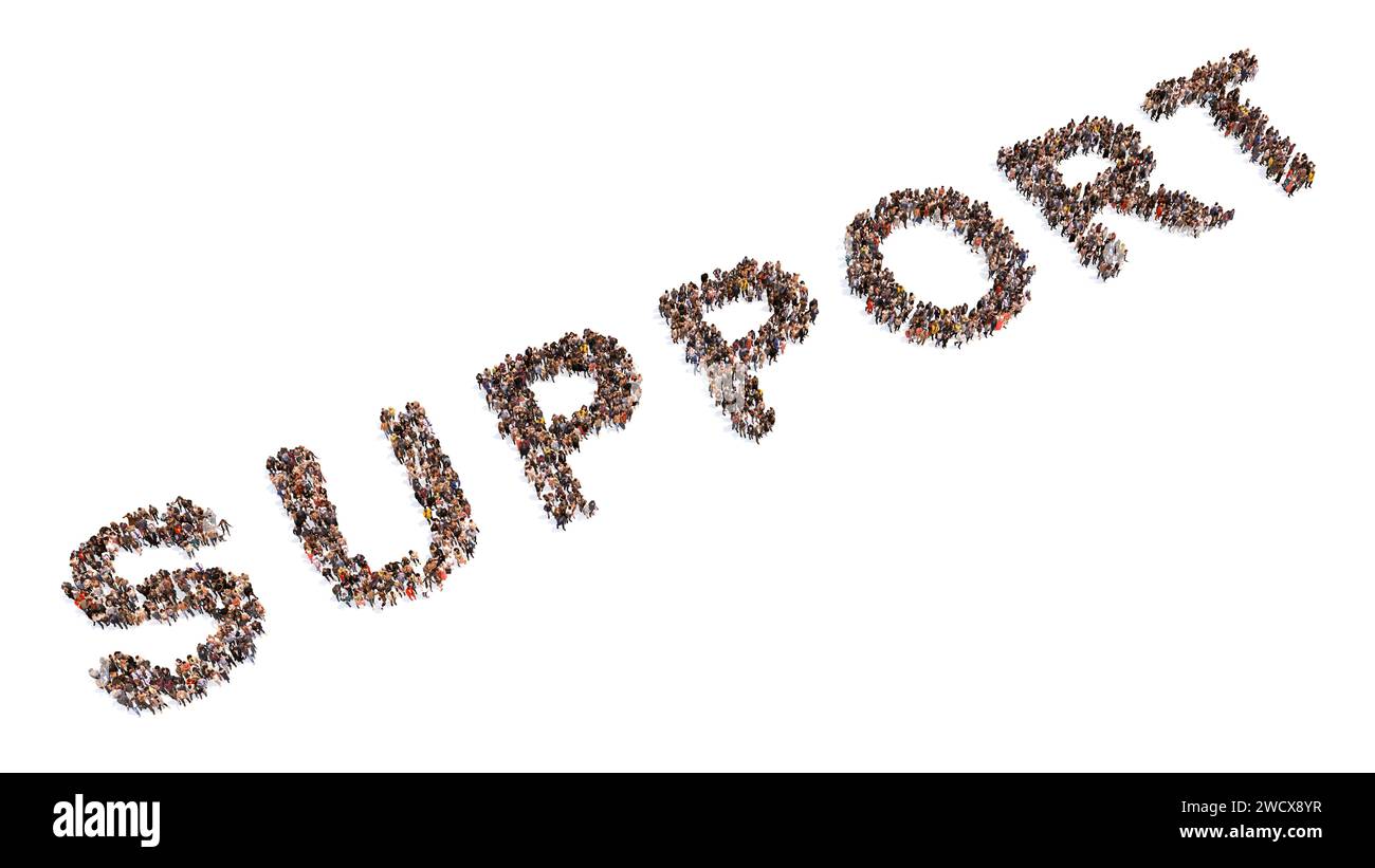 Conceptual large community of people forming the word SUPPORT. 3d ...