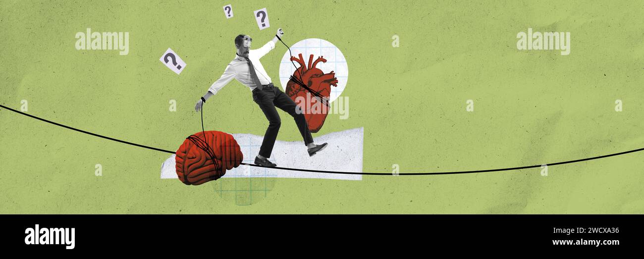 Balance of mind and heart. Young man connected to heart and brain ...