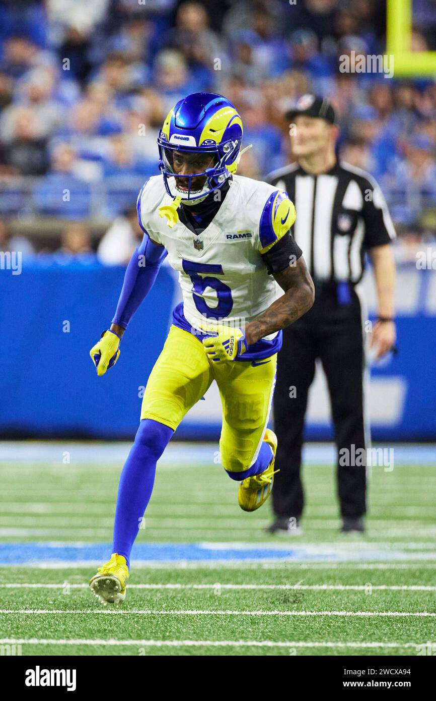 Los Angeles Rams wide receiver Tutu Atwell (5) pursues a play against the Detroit Lions during ...