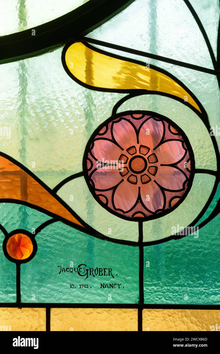 France, Meurthe et Moselle, Nancy, detail of a stained glass window ...