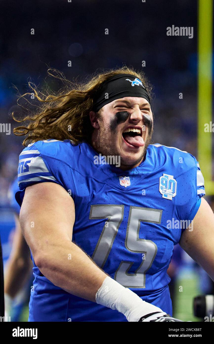 Detroit Lions offensive tackle Colby Sorsdal (75) celebrates against ...
