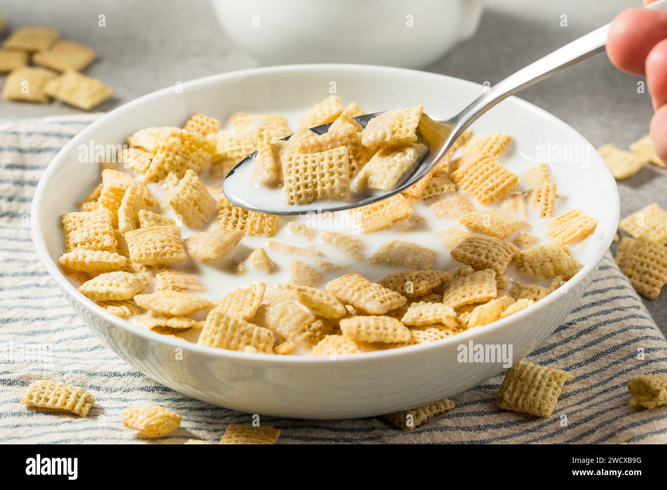 Healthy Organic Rice Squares Breakfast Cereal with Whole Milk Stock ...