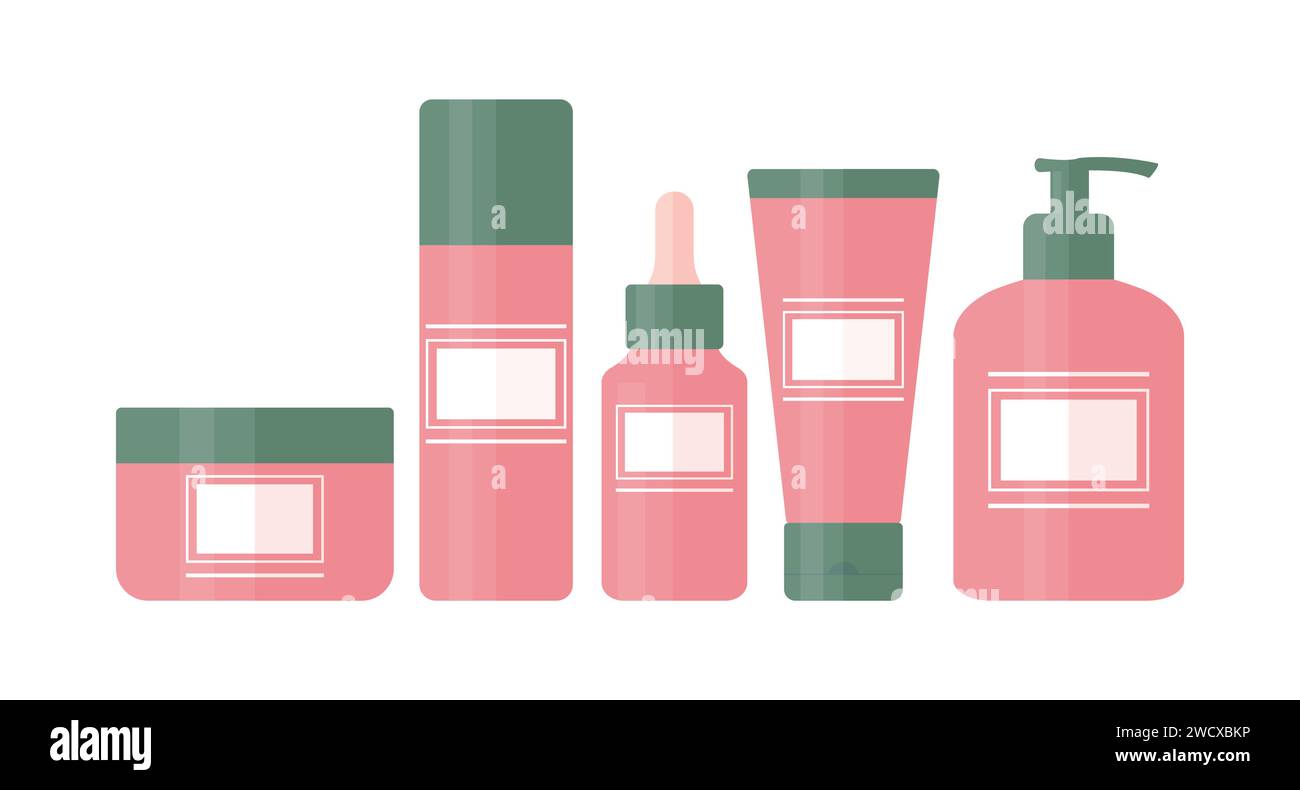 Set of cosmetic products like cleansing gel, toner, face serum, cream ...