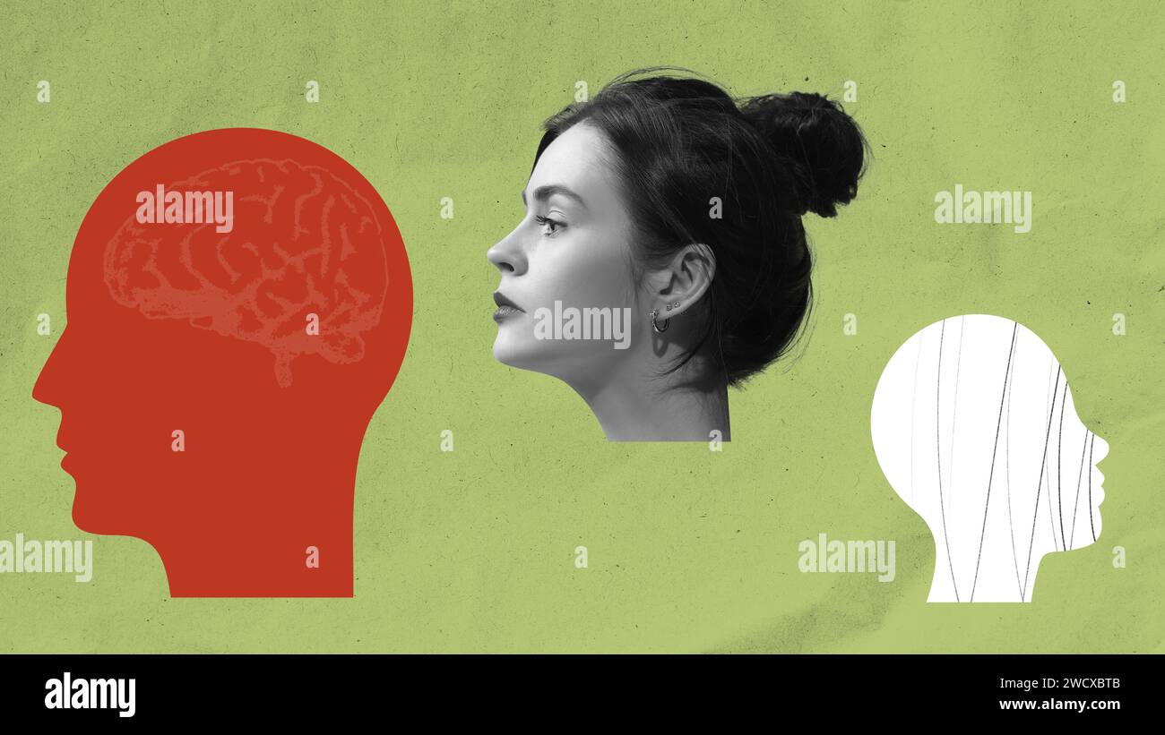 Philosophy of mind, complexity of human thoughts. Female head and two ...