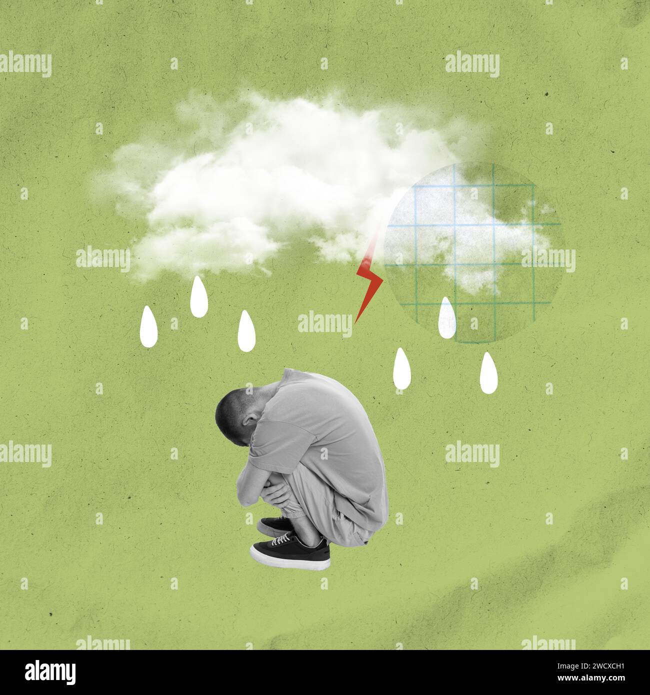 Person sitting over under storm cloud with raindrops and lightning ...