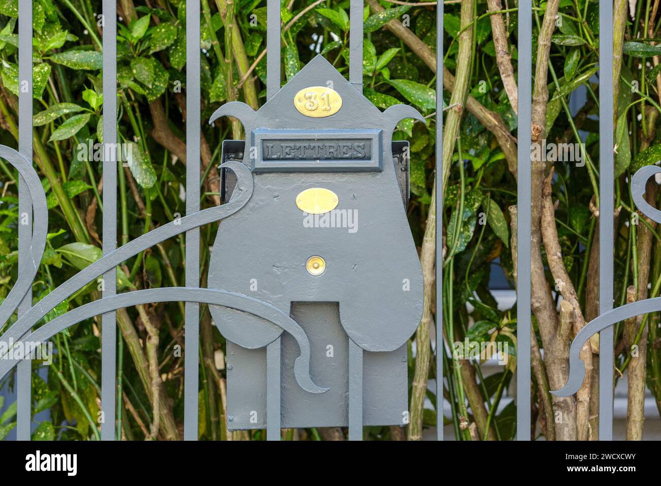 France, Meurthe et Moselle, Nancy, letter box and fence made of wrought ...