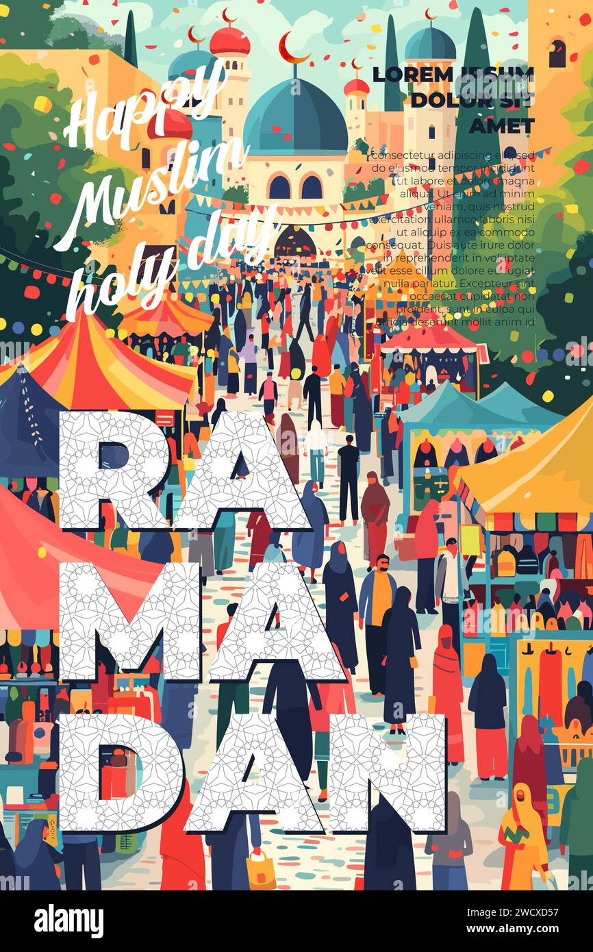 Islamic holy month Ramadan Kareem poster. Decorated Arab street with ...