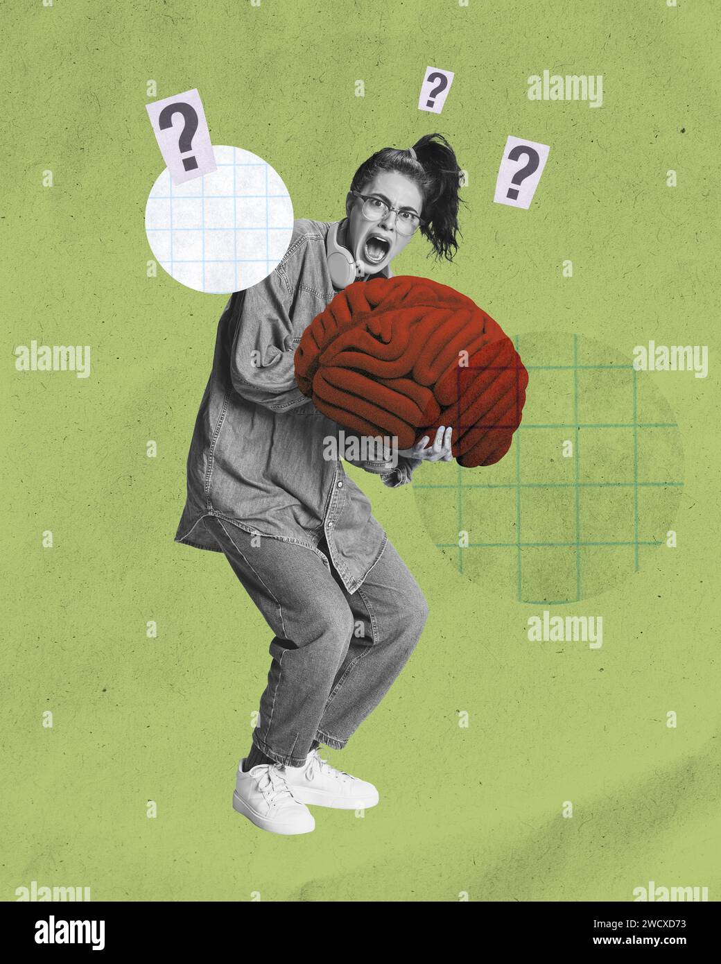 Woman holding large brain, surrounded by question marks, depicting ...