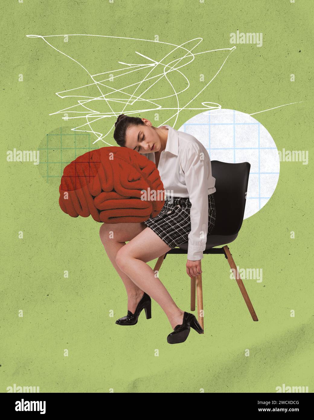 Young woman, employee seeping on giant human brain symbolling need in ...