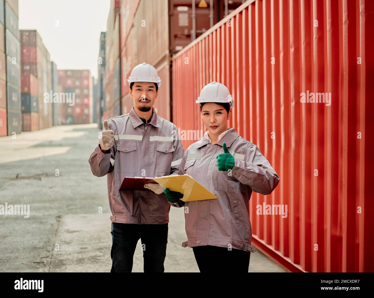 A Team Of Engineers Showing Thumbs Up At The Container Cargo Concept Quality Inspection Work