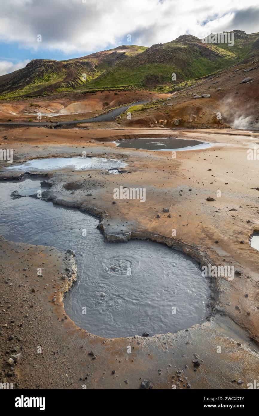 Bubbling mud springs in the Krysuvik geothermal area of gray mud ...