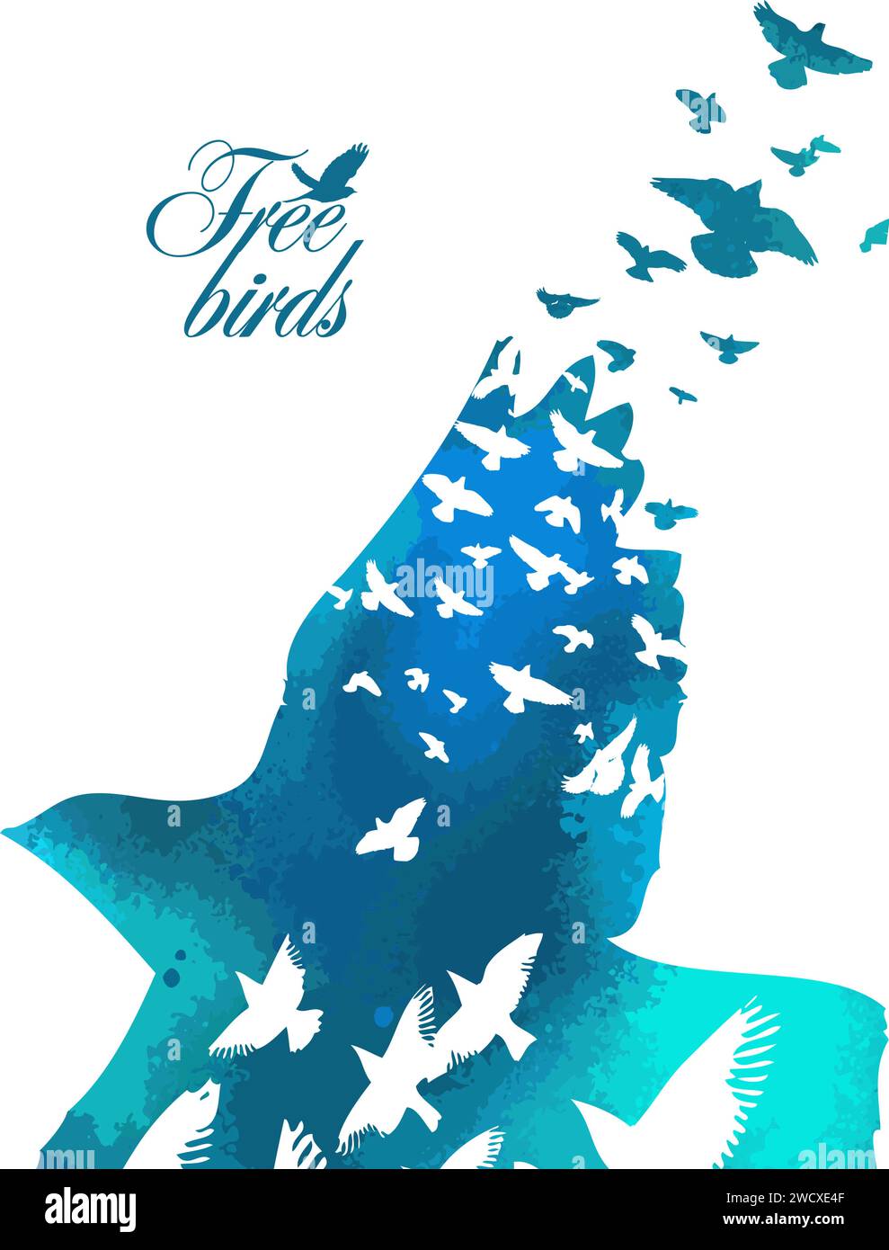 Flying blue birds silhouette flock. hand drawing. Doves of peace ...