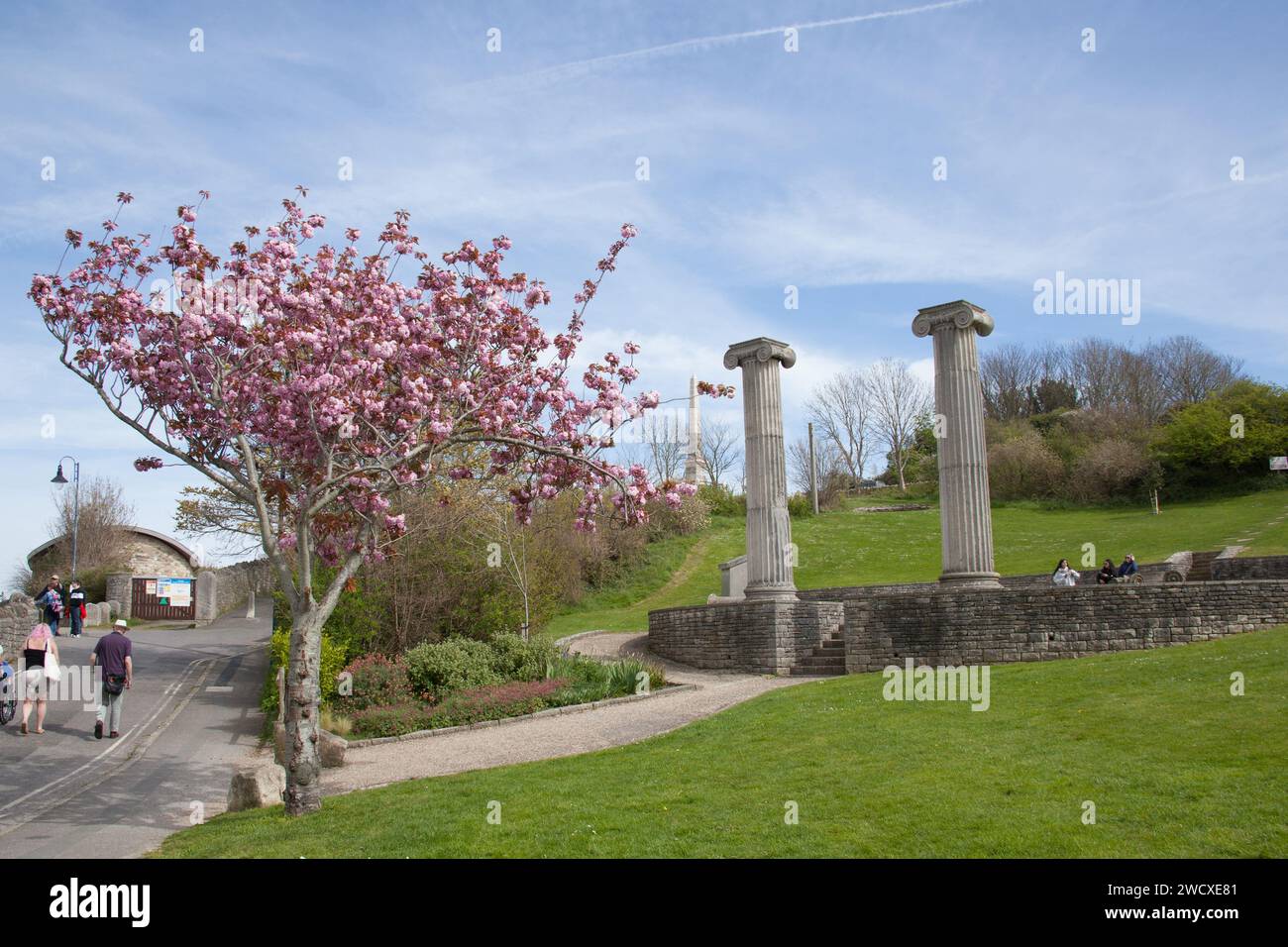Two tall columns at the Prince Albert Gardens in Swanage, Dorset in the ...