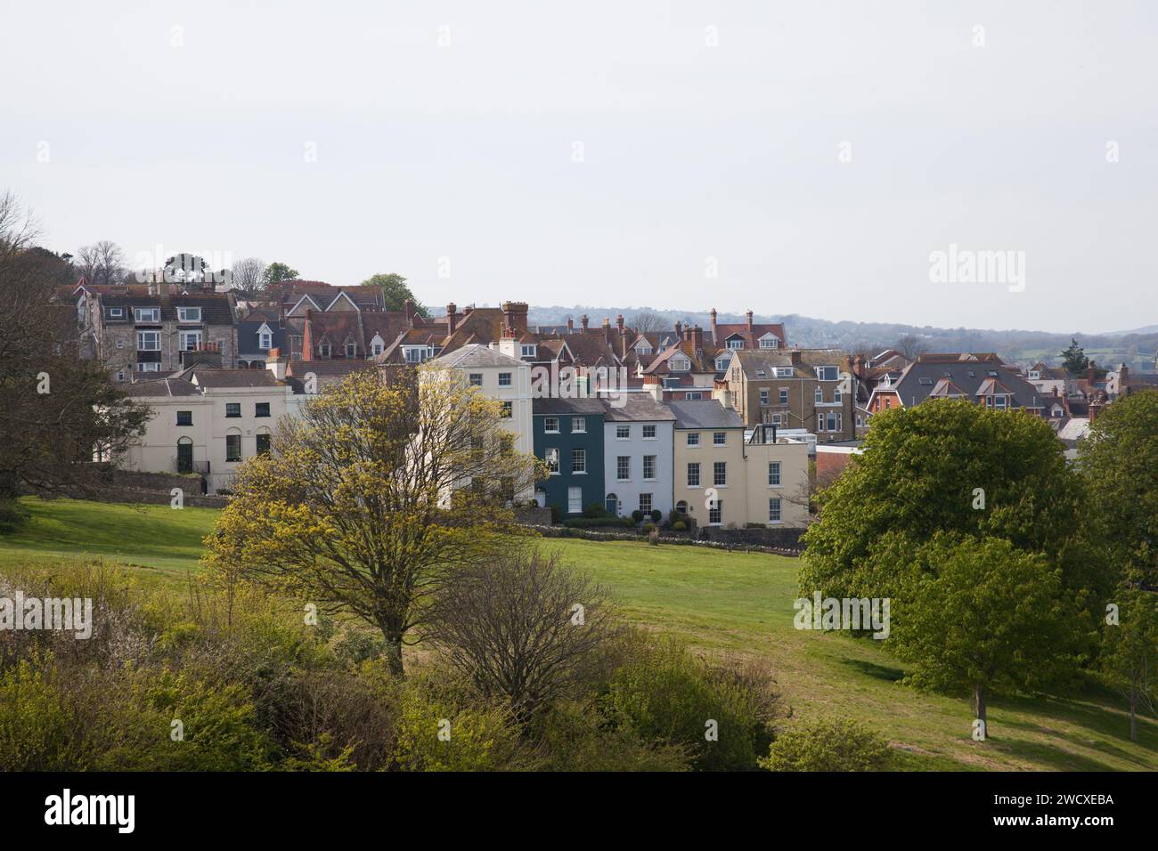 Houses overlooking Prince Albert Gardens and the Swanage coast in Dorset in the United Kingdom ...